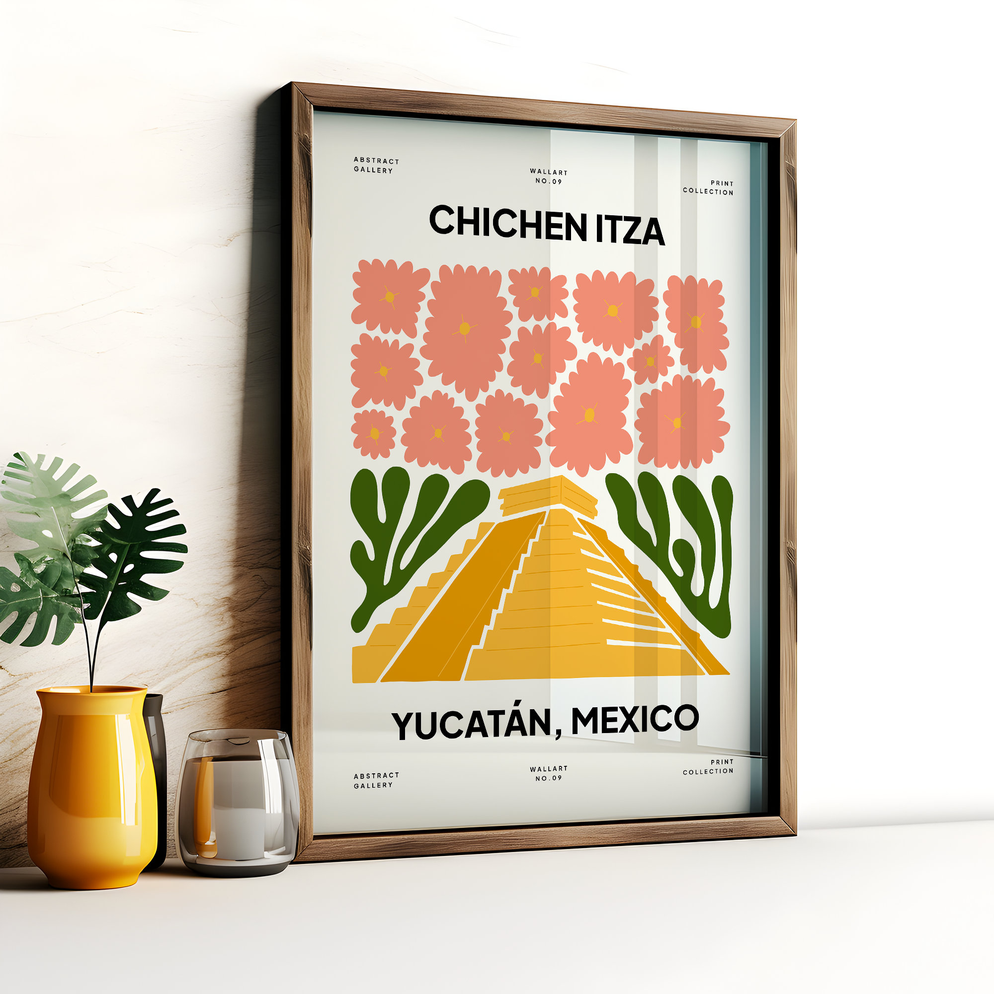 Chichen Itza Poster, Yucatan Mexico Poster, Floral Art Wall Print ...
