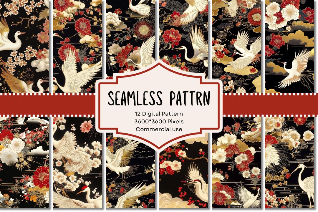 Seamless Japanese Crane Pattern Traditional Oriental Floral and Bird ...