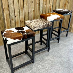 Custom Cowhide Counter Stool | Rustic Bar Stool With Steel Frame ...