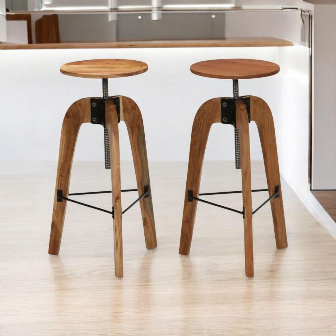 Set of 2 Industrial Adjustable Height Solid Acacia Wood Bar Stools - Etsy