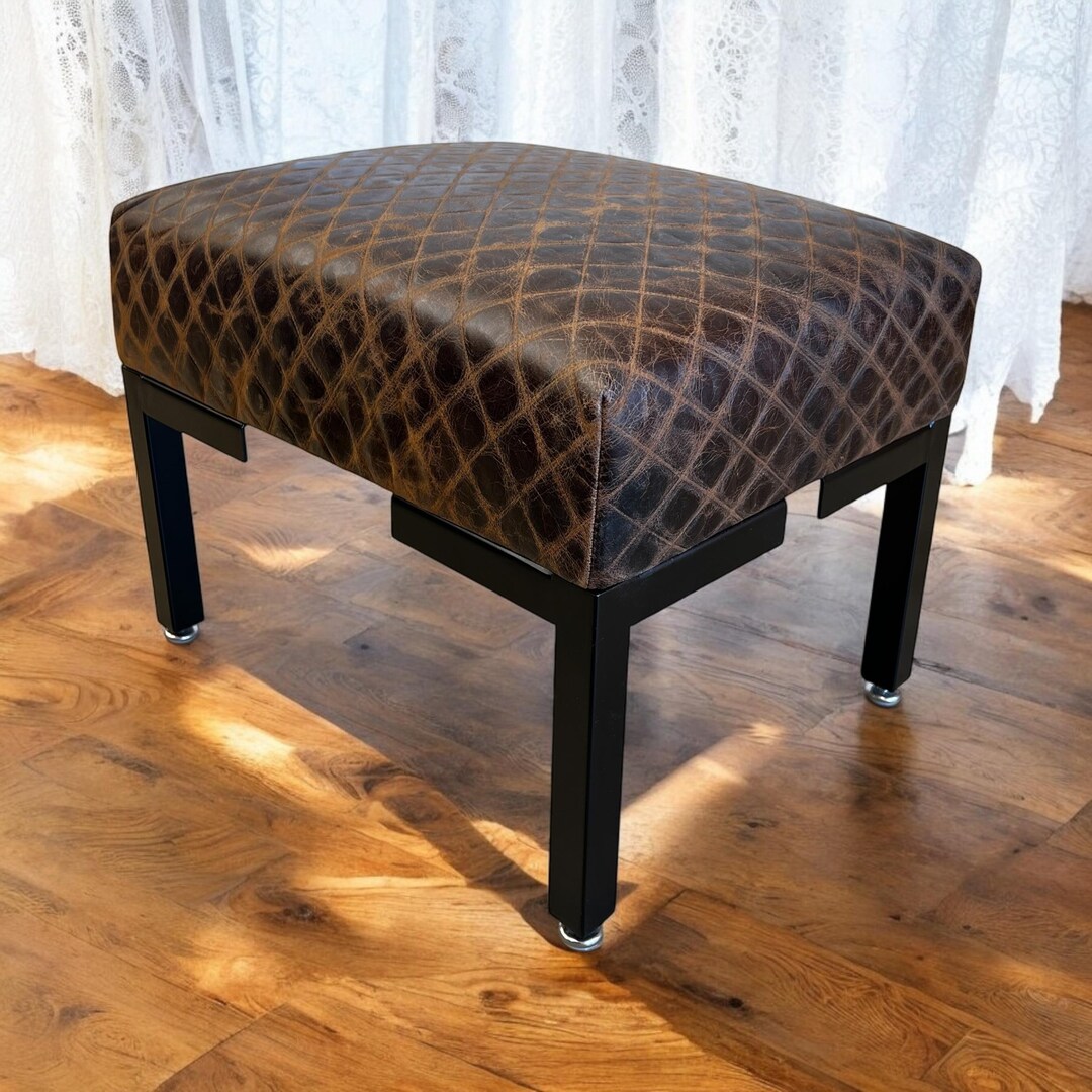 Steel Foot Stool With Diamond Stitched Leather | Leather Pouf / Foot ...