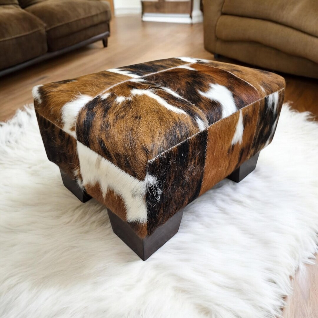 Cowhide Patchwork Foot Stool, Pouf Ottoman, Rustic Home Decor, Foot ...