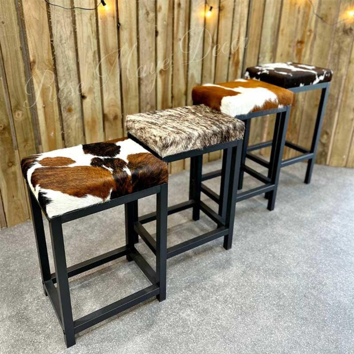 Custom Cowhide Counter Stool Rustic Bar Stool With Steel Frame Multiple ...