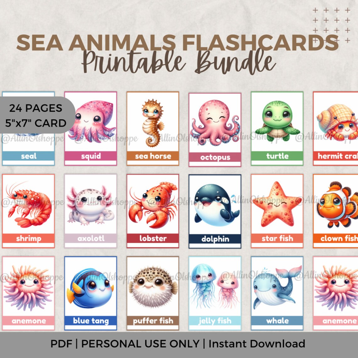 Sea Animals Flashcards, Ocean Animals, Printable File, Preschool Cards ...