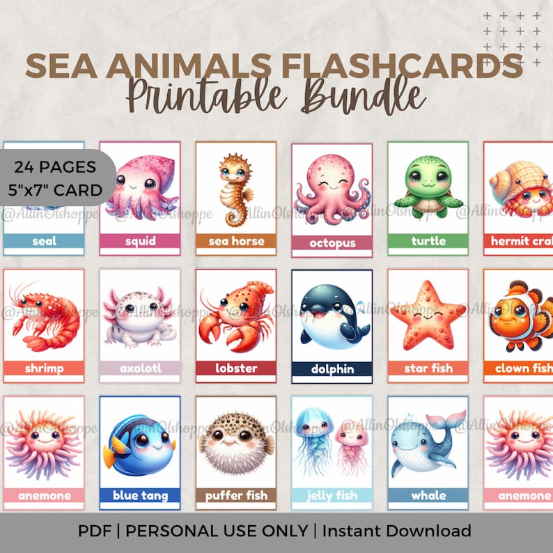 Sea Animals Flashcards, Ocean Animals, Printable File, Preschool Cards ...