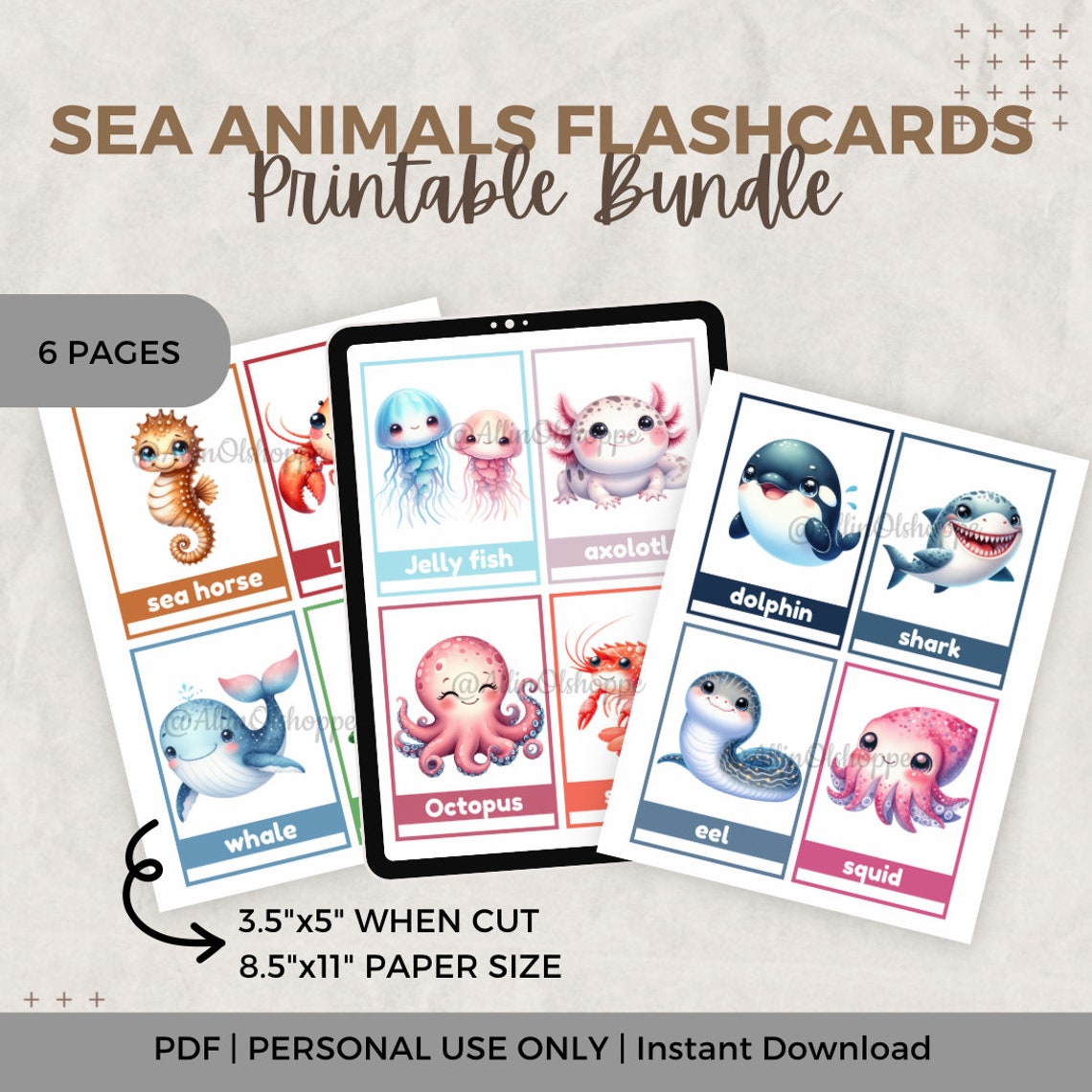 Sea Animals Flashcards, Ocean Animals, Printable File, Preschool Cards ...