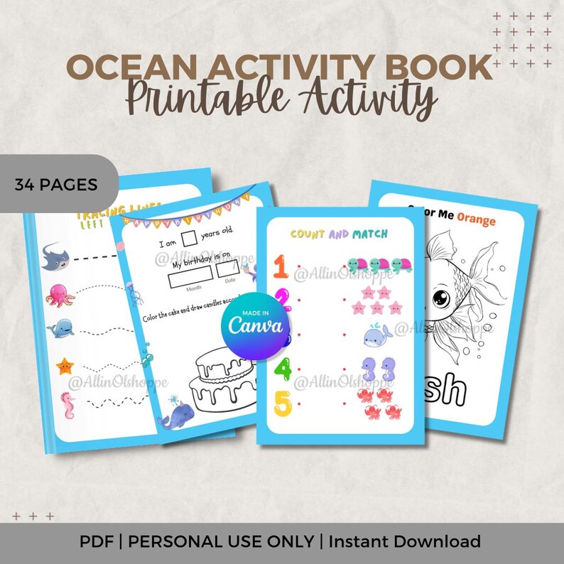 Ocean Animal Activity Book, Under the Sea Tracing Coloring Matchin ...