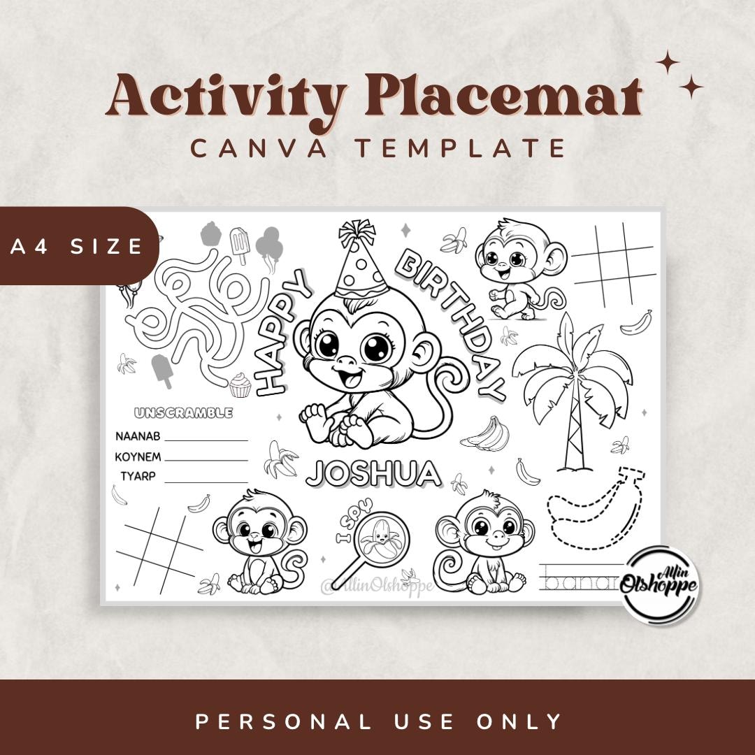 Cute Monkey Theme Birthday Coloring Placemat, Editable Birthday Party ...