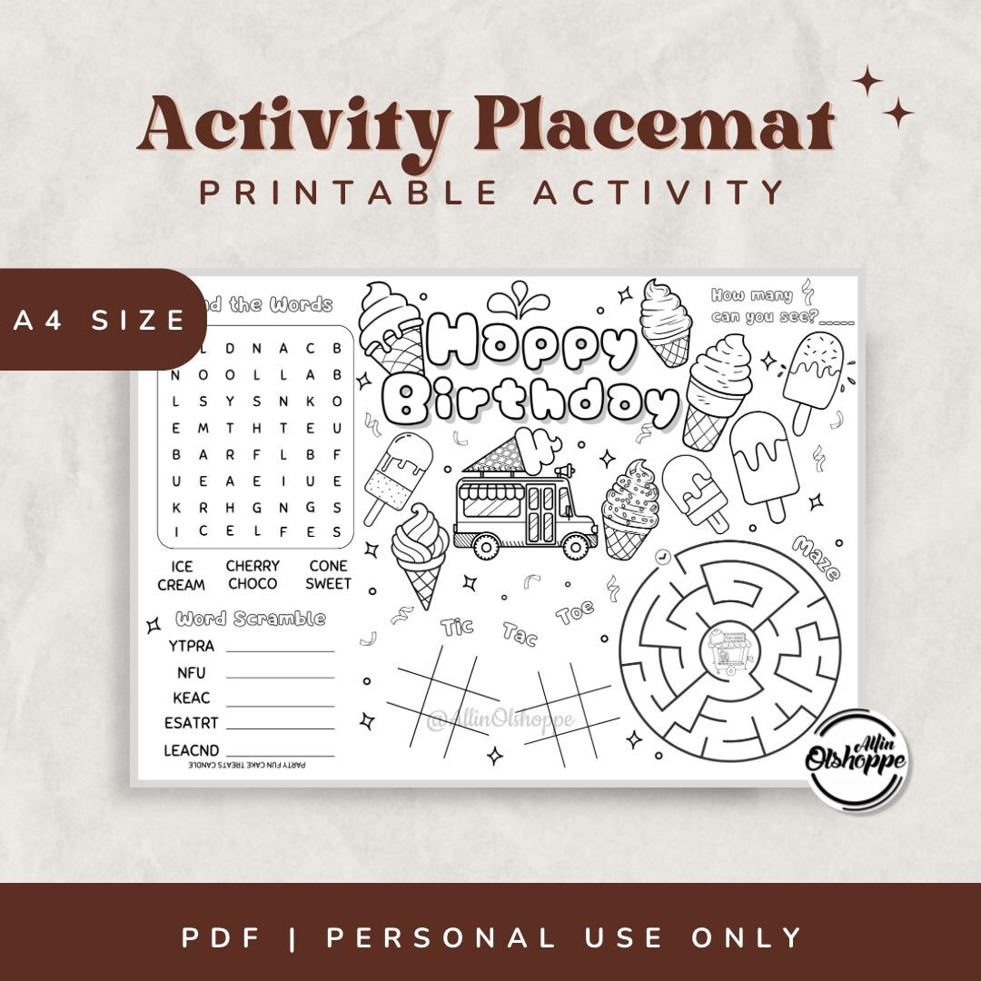 Ice Cream Theme Birthday Coloring Placemat, Printable Birthday Party ...