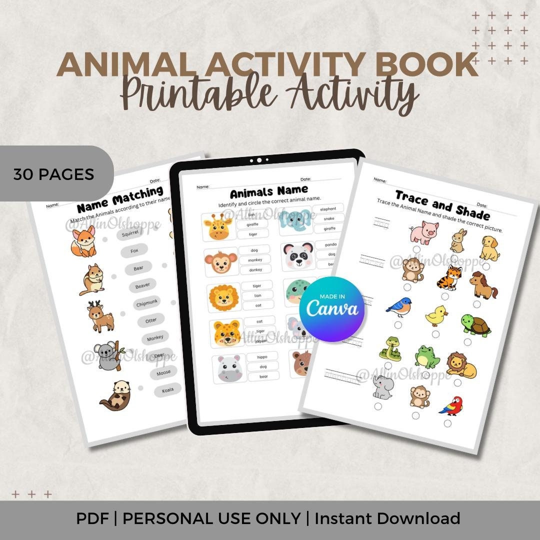 Animal Activity Book, Tracing Coloring Matching Pages, Preschool ...