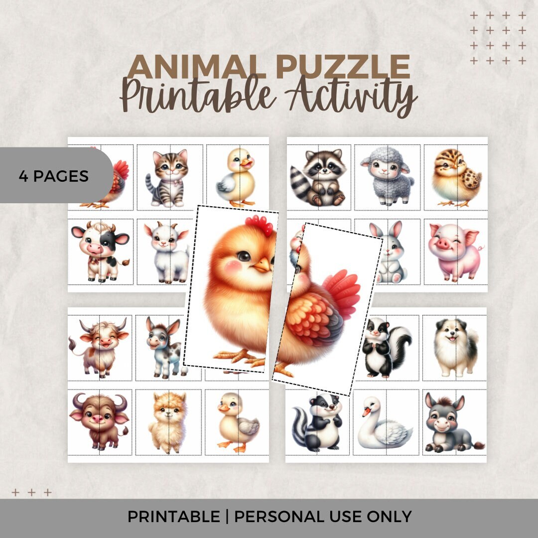 Farm Animals Puzzle, Printable File, Preschool Cards, Kids Activity ...