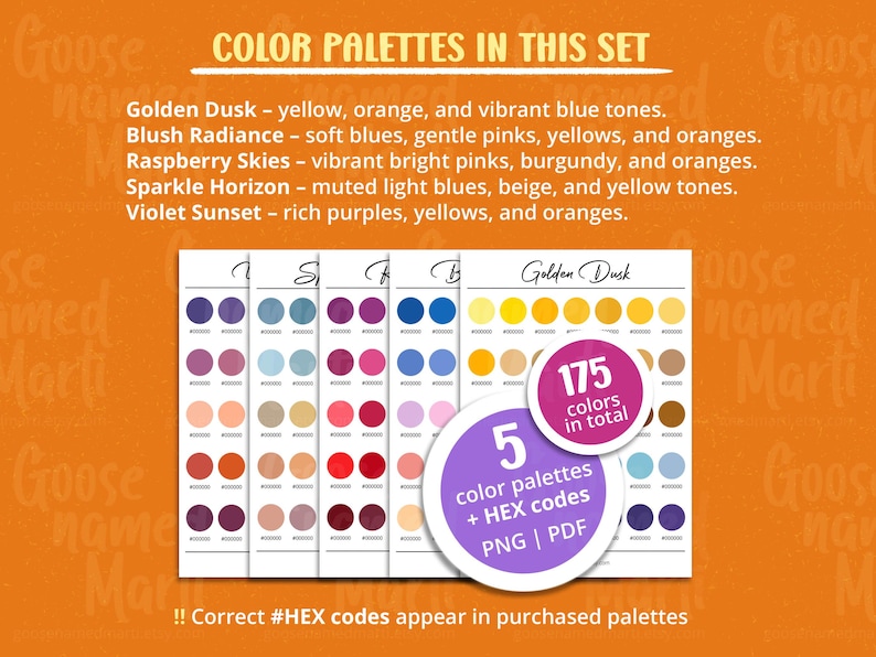 5 Sunset Color Palettes: Color Combinations With HEX Codes (PDF and PNG ...