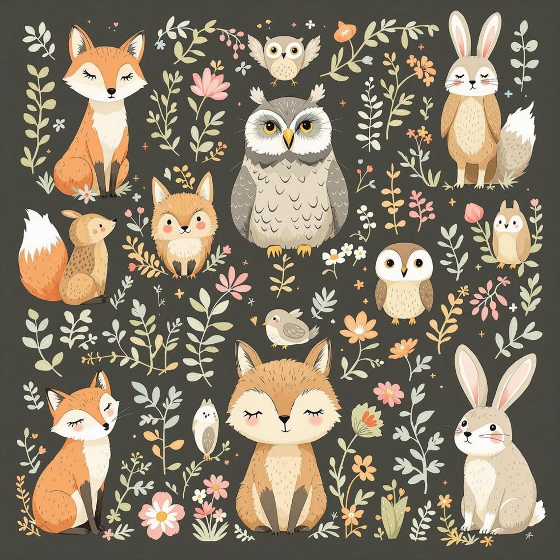 Cute Woodland Animals Clip Art Fox Owl Rabbit Forest Friends Digital ...