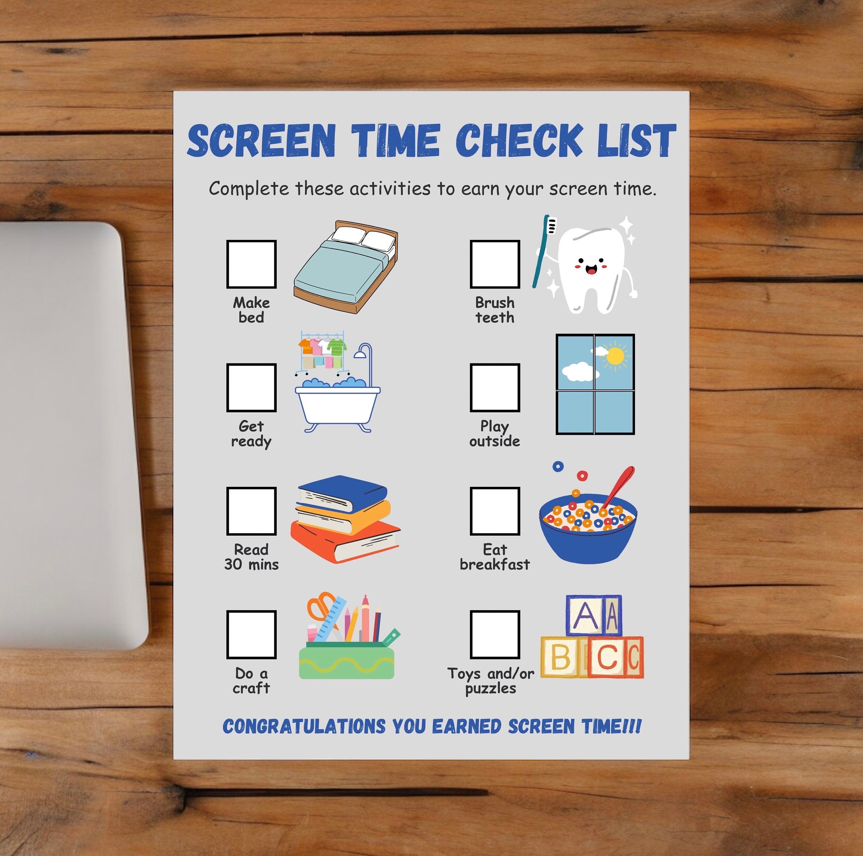 Screen Time Check List for Kids and Toddlers, Morning Check List for ...