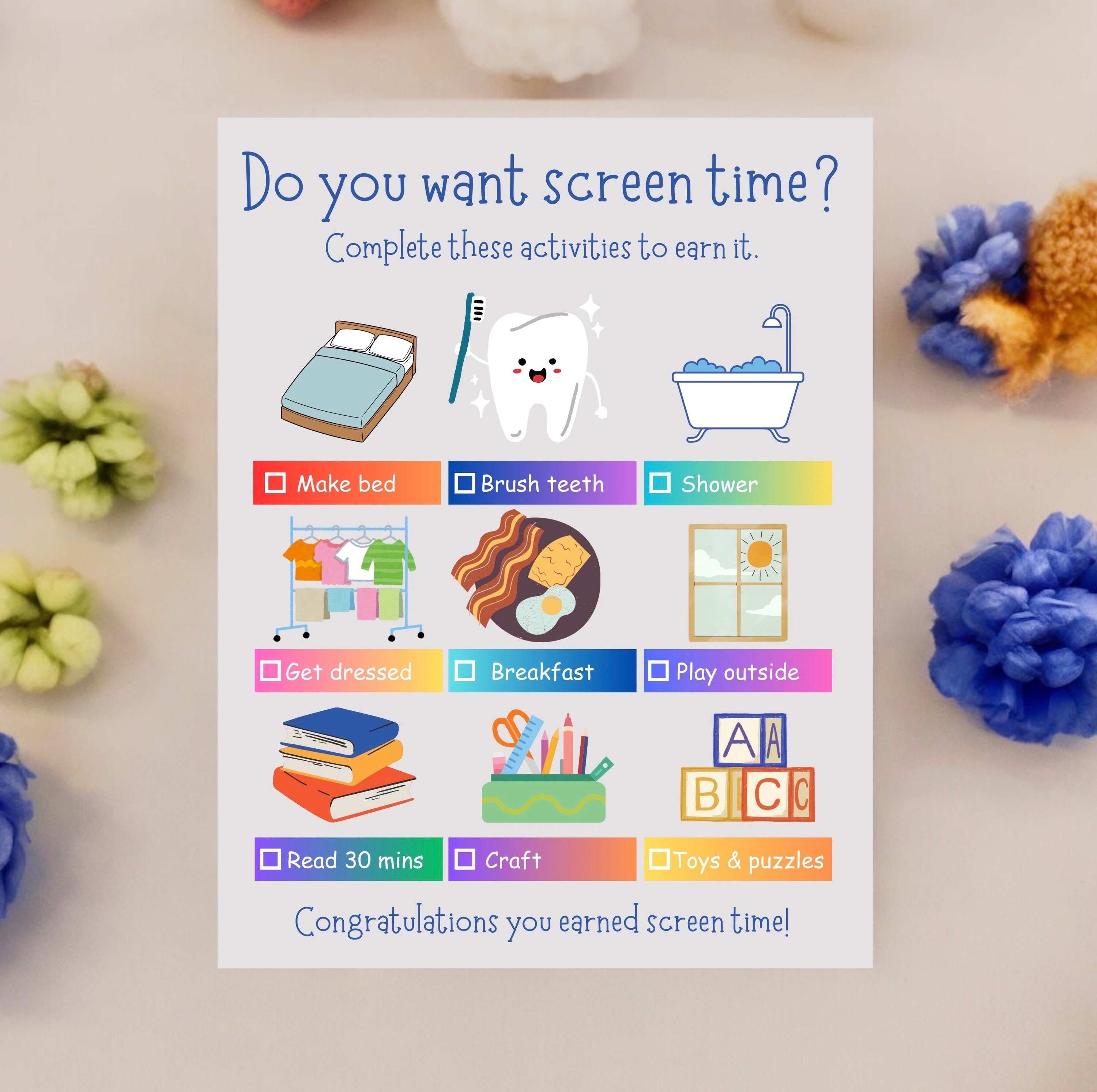 Screen Time Check List for Kids and Toddlers, Morning Check List for ...