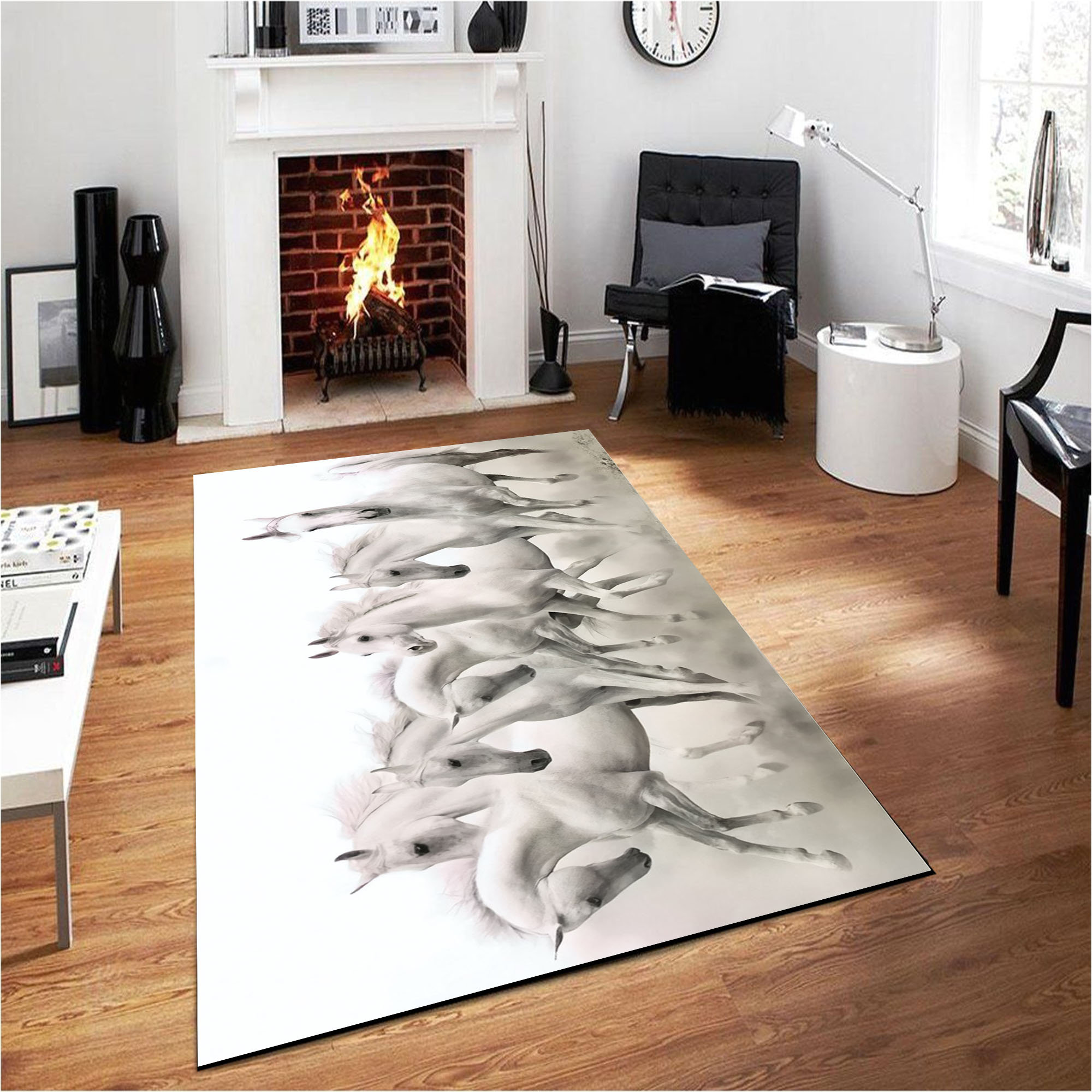 Seven Running White Horses Rug,feng Shui Themed Rug,living Room Rug ...