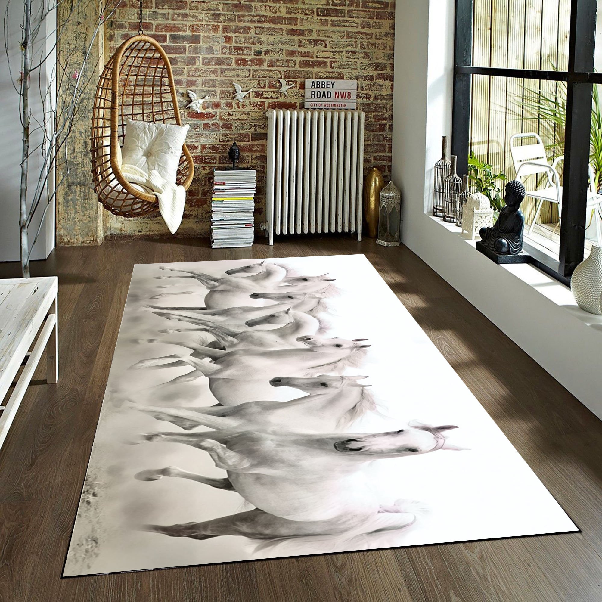 Seven Running White Horses Rug,feng Shui Themed Rug,living Room Rug ...