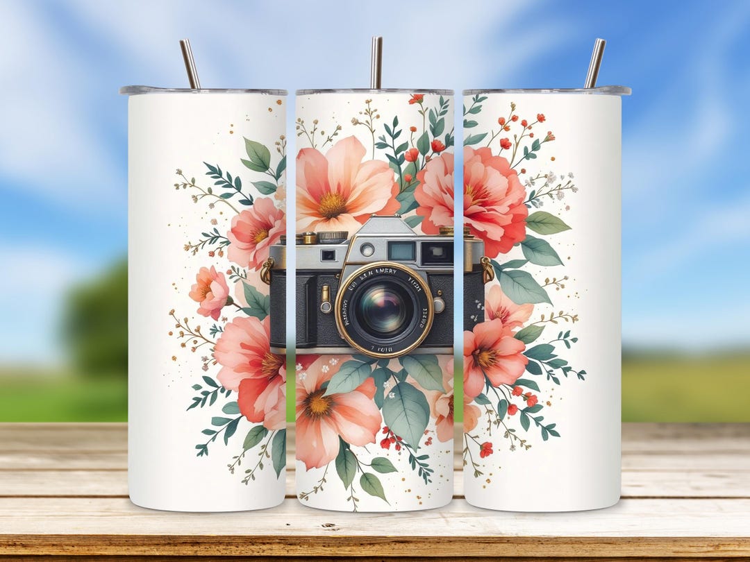 Photographer Camera Tumbler Design, Boho Flower Skinny 20oz Wrap ...