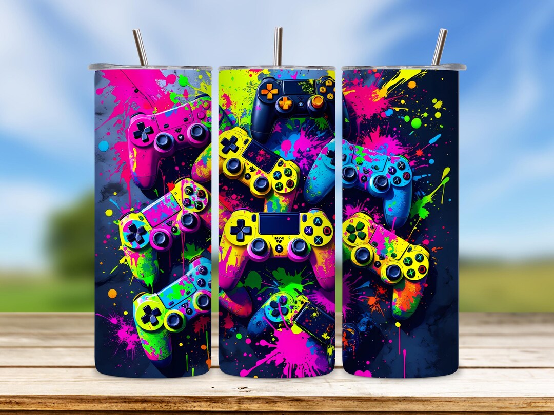 Gamer Tumbler Sublimation Design, Neon Video Game Controller Wrap, 20oz ...
