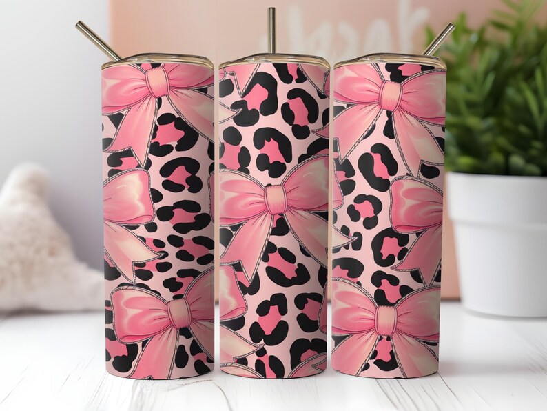 Pink Coquette Bow Leopard Tumbler Wrap PNG: 20oz Skinny Sublimation ...
