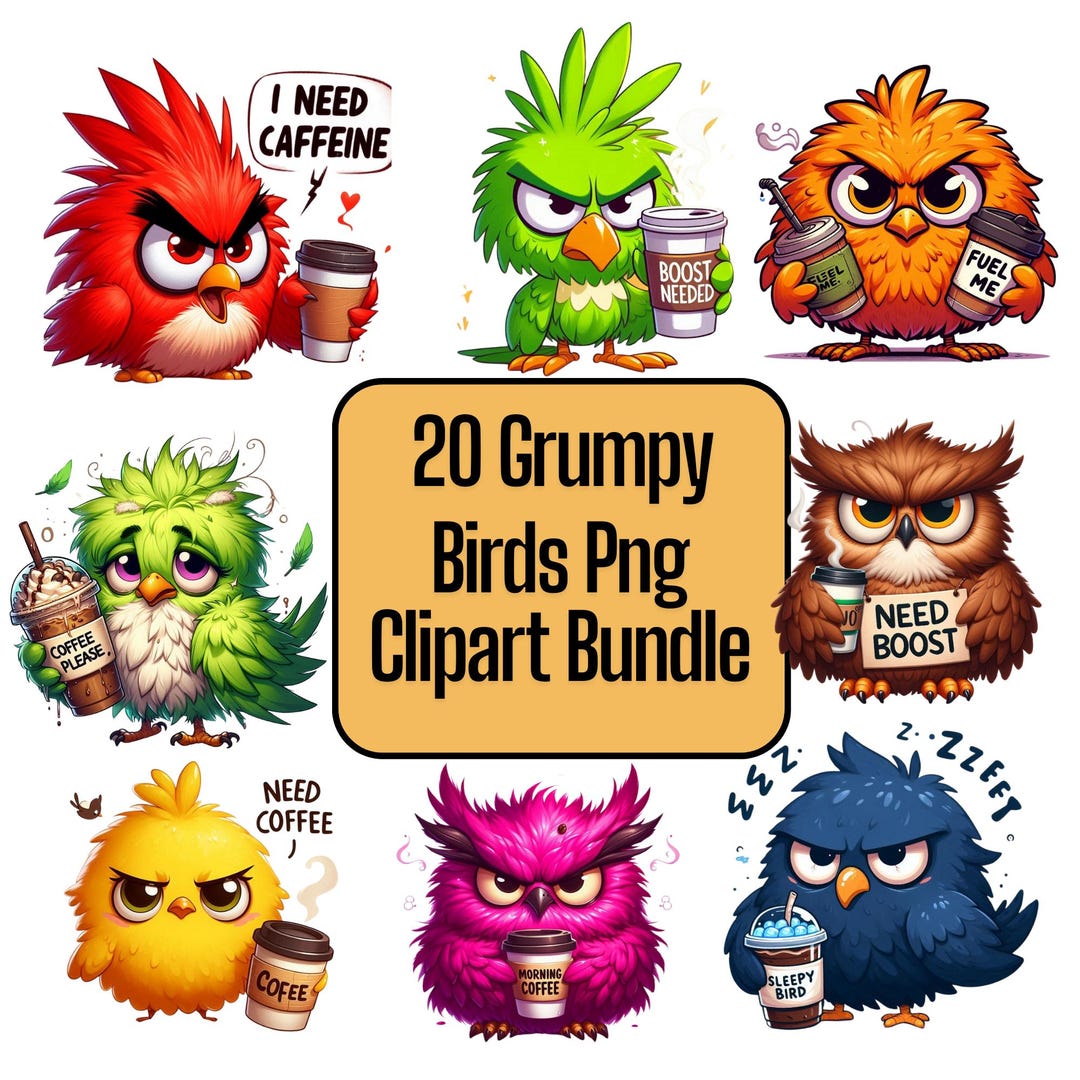Grumpy Coffee Birds Clipart: Funny Animal PNG (20 Files, Digital ...