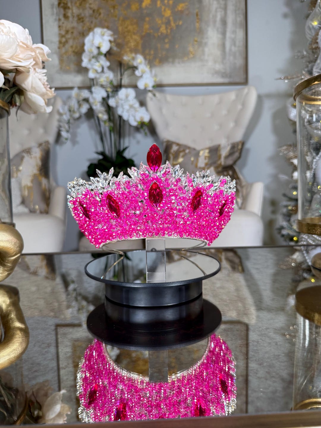 Hot Pink Beaded Quinceañera Crown Fuschia Bridal Tiara - Etsy
