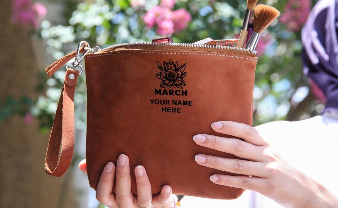 Custom Dene Name Birth Month Flower Makeup Bag, Engraved Genuine ...