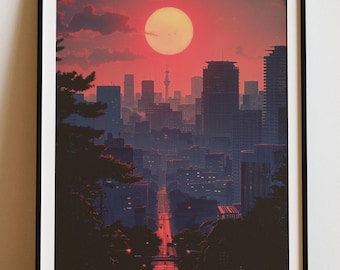 Cyberpunk Sunset Cityscape Digital Art Print Neon Skyline Wall Decor - Etsy