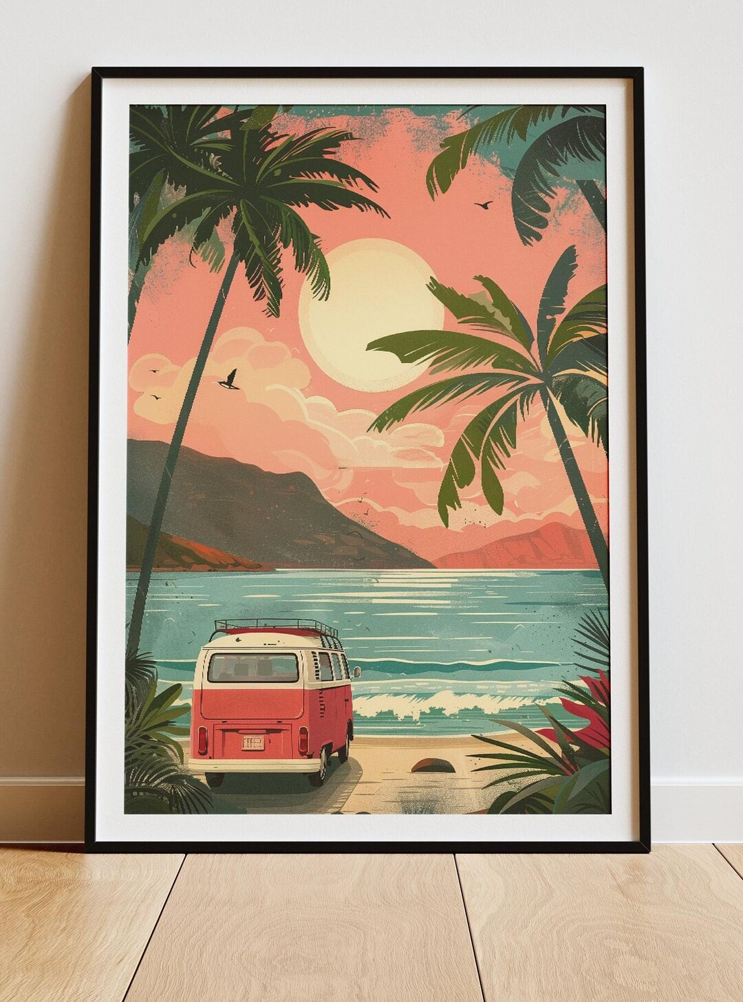Retro Van Sunset Beach Print, Tropical Palm Tree Art (digital Download ...