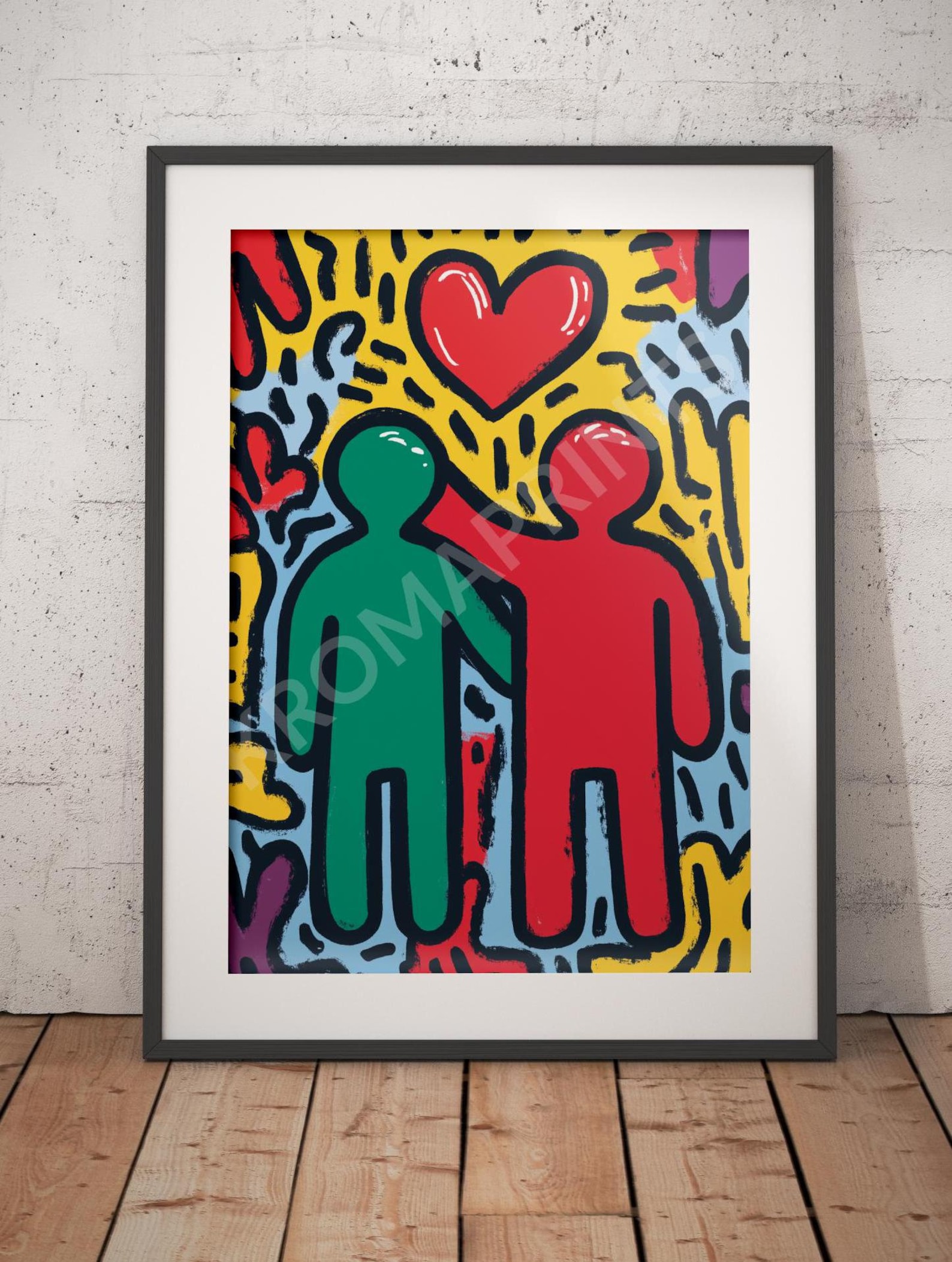 Heartfelt Connection Keith Haring Inspired Wall Art Bold Colorful Love ...
