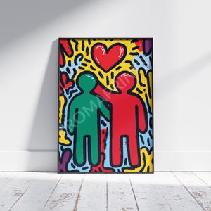 Heartfelt Connection Keith Haring Inspired Wall Art Bold Colorful Love ...