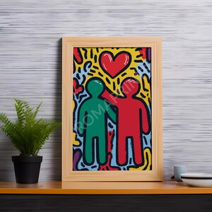 Heartfelt Connection Keith Haring Inspired Wall Art Bold Colorful Love ...