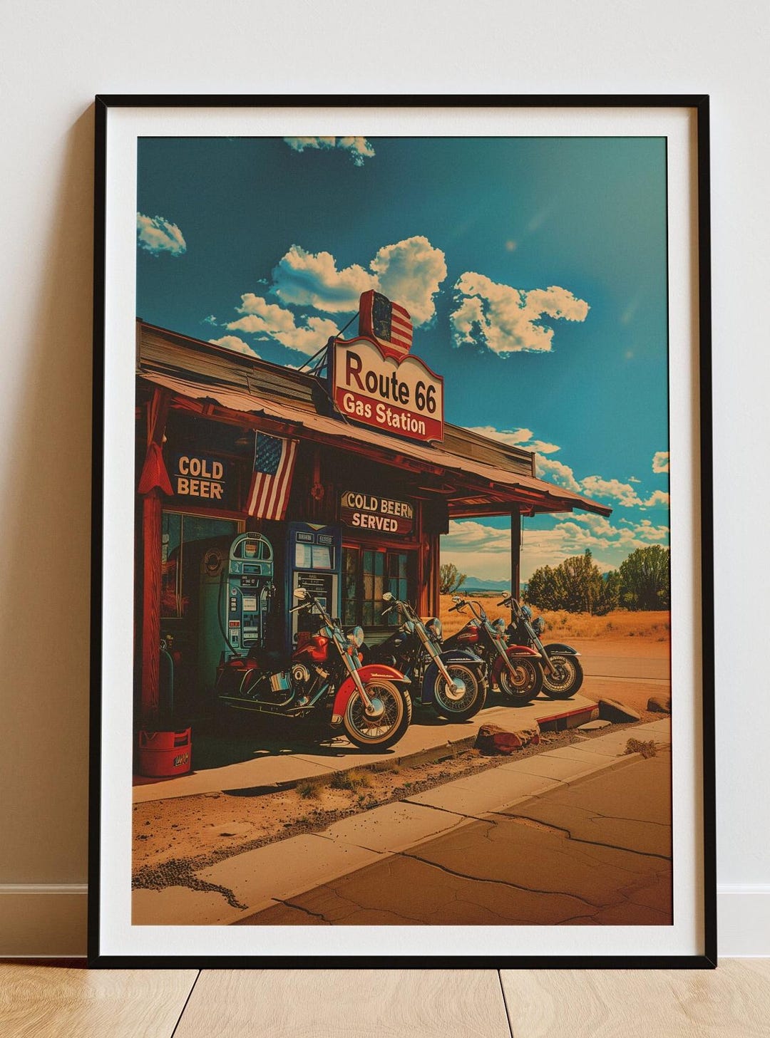 Route 66 Wall Art, Vintage Gas Station Print, Motorcycle Travel Poster ...