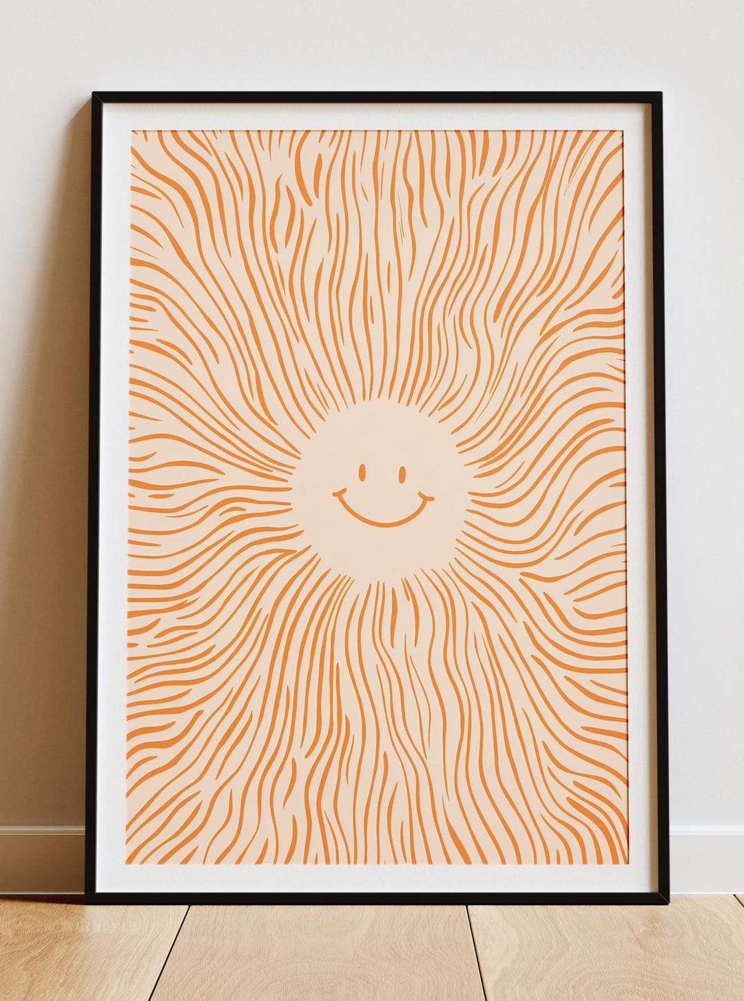 Smiley Sun Print - Retro Boho Sunshine Wall Art, Groovy Sun ...