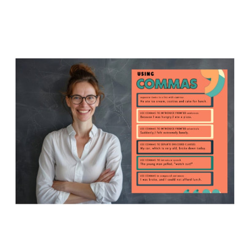 Use of Commas English Grammar for Homeschool, English Classroom Poster ...