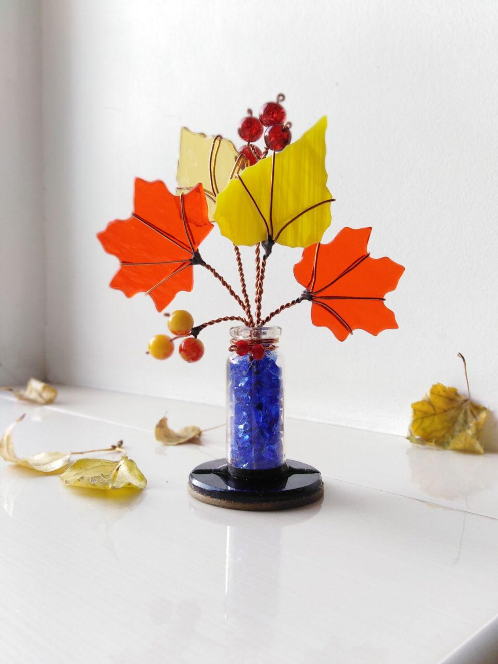 Stained Glass Decoration With Maple and Autumn Leaves, Glass Leaf Sun ...