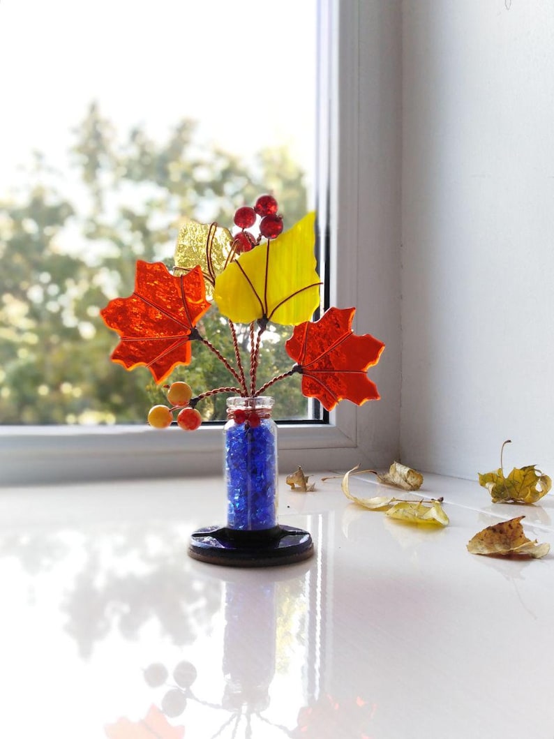 Stained Glass Decoration With Maple and Autumn Leaves, Glass Leaf Sun ...