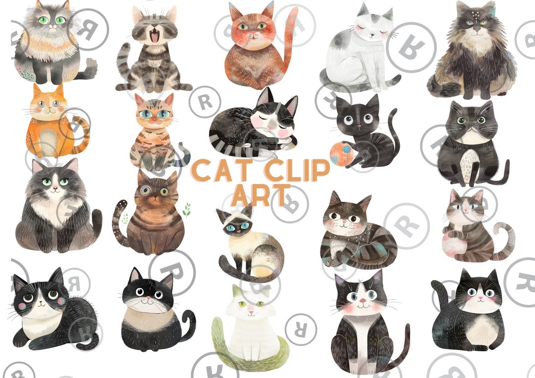 Charming Cat Clip Art Collection: 20 Unique Feline Images for Creative ...