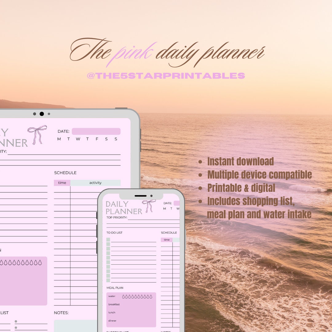 Pink Daily Planner Printable, Aesthetic, Cute, Girly, Digital Product ...