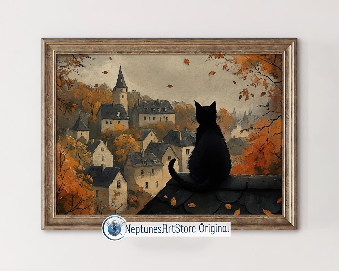 Autumn Town Black Cat Painting, Printable Dark Fall Wall Art, Cute ...