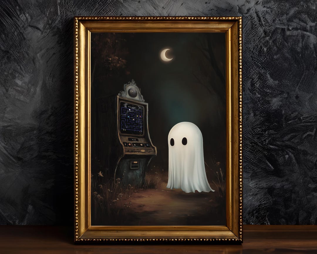 Pacman Ghost Retro Halloween Wall Art, Vintage Ghost Painting Dark ...