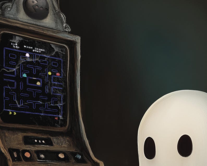 Pacman Ghost Retro Halloween Wall Art, Vintage Ghost Painting Dark ...