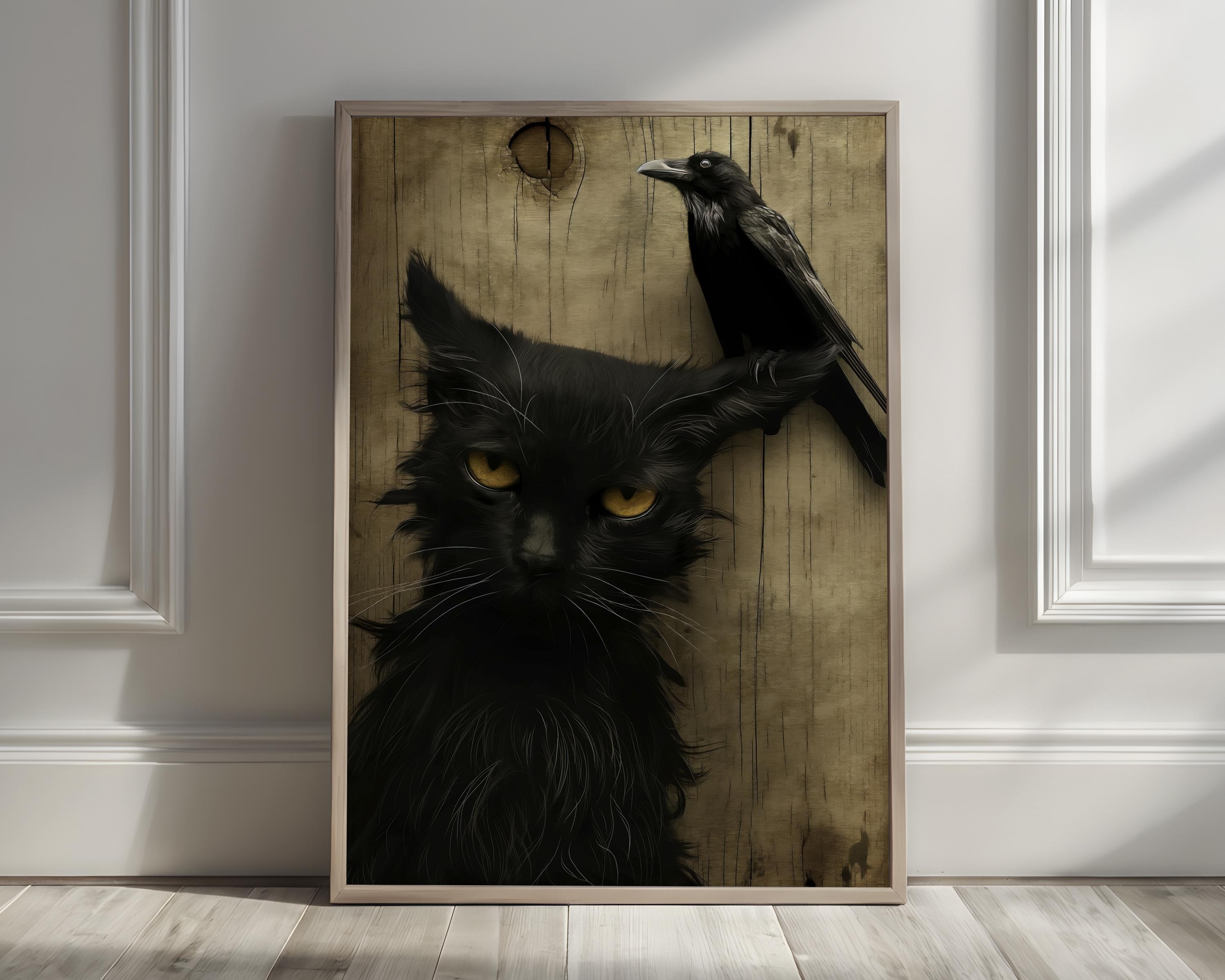 Raven Cat Vintage Witchy Cat Painting Halloween Wall Art Dark Academia ...