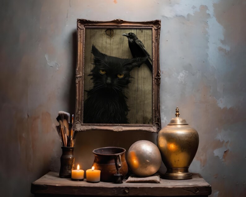 Raven Cat Vintage Witchy Cat Painting Halloween Wall Art Dark Academia ...