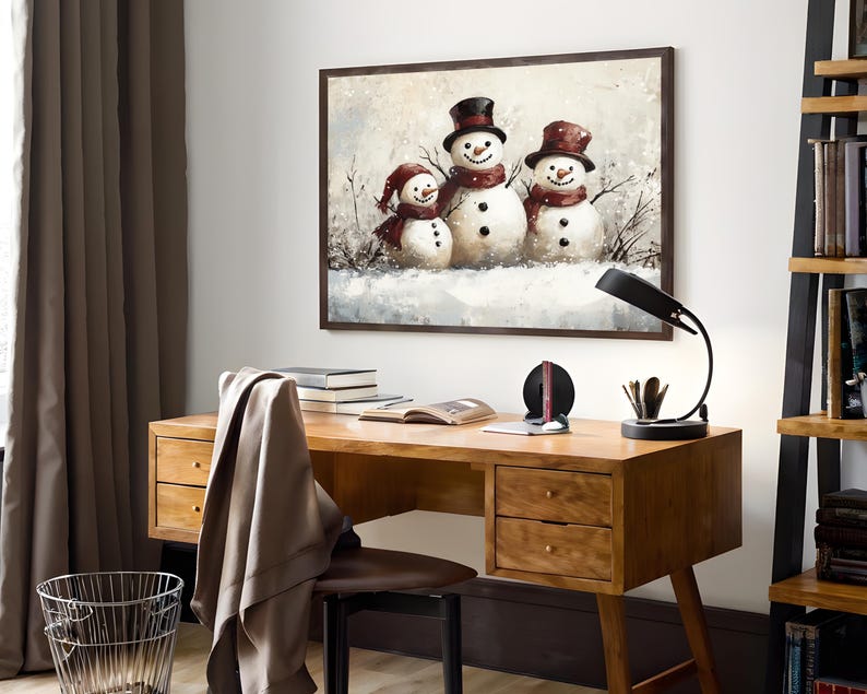 Family Snowman Painting, Cute Christmas Wall Art Snowman Print, Vintage ...