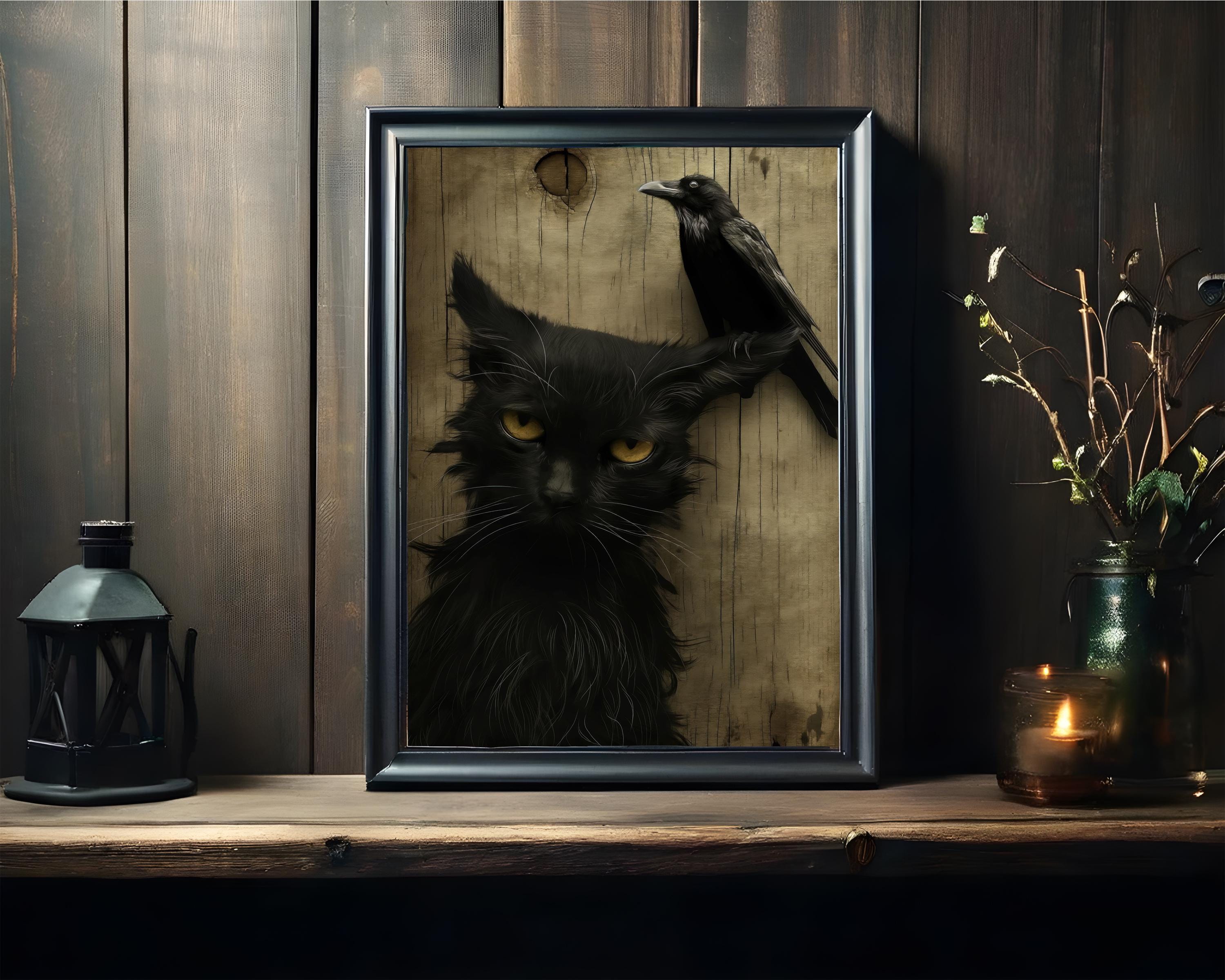 Raven Cat Vintage Witchy Cat Painting Halloween Wall Art Dark Academia ...
