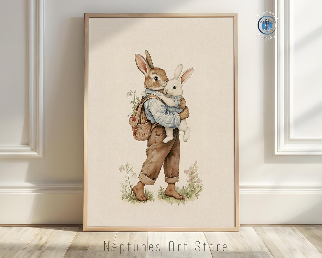 Father and Baby Bunny Hug Print | Woodland Rabbit Nursery Wall Art ...