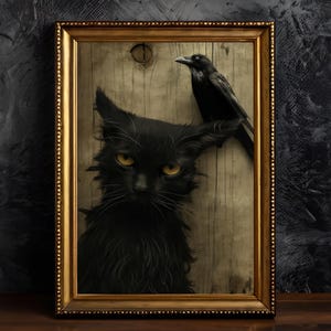 Raven Cat Vintage Witchy Cat Painting Halloween Wall Art Dark Academia ...