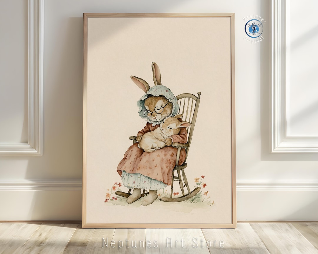 Grandma Bunny Nursery Wall Art Print | Vintage Storybook Rabbit Rocking ...