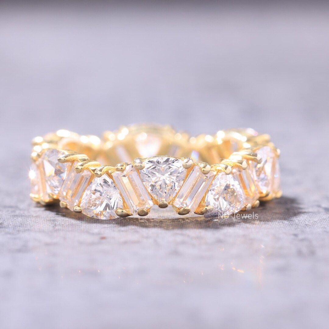 Trillion and Baguette Cut Moissanite Engagement Band, Unique Solid Gold ...